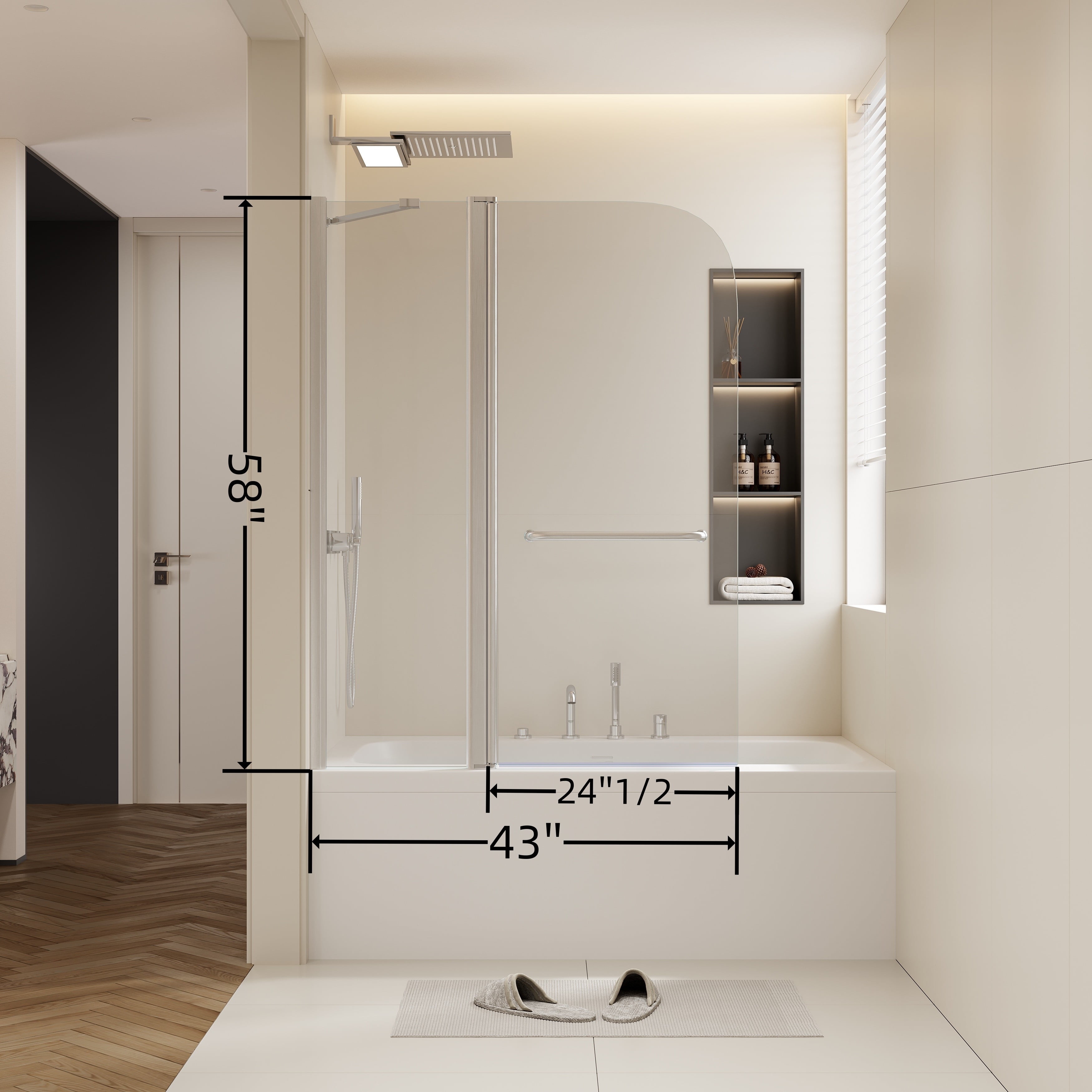 43 W x 58 in. H Frameless Bathtub Shower Door, Fixed Bathtub Screen ...