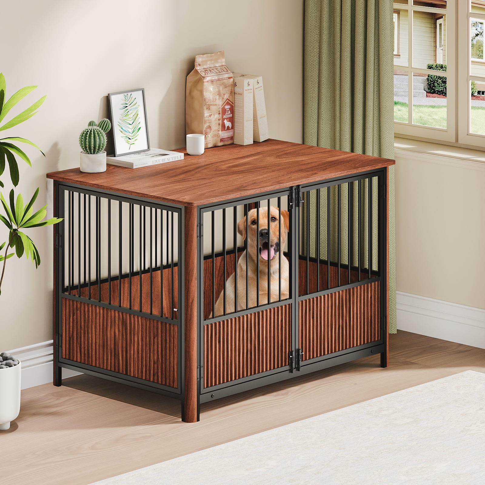 43'' Walnut Fluted Wood Furniture Style Dog Crate for Large & Medium ...