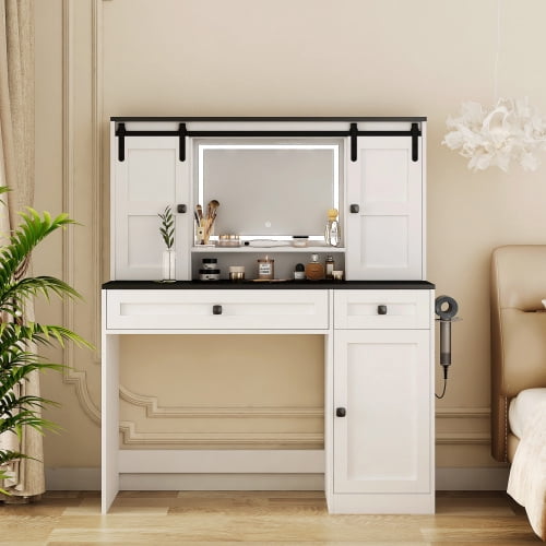 43" White Farmhouse Dressing Table - Lighted Mirror, 2 Drawers, Hair ...