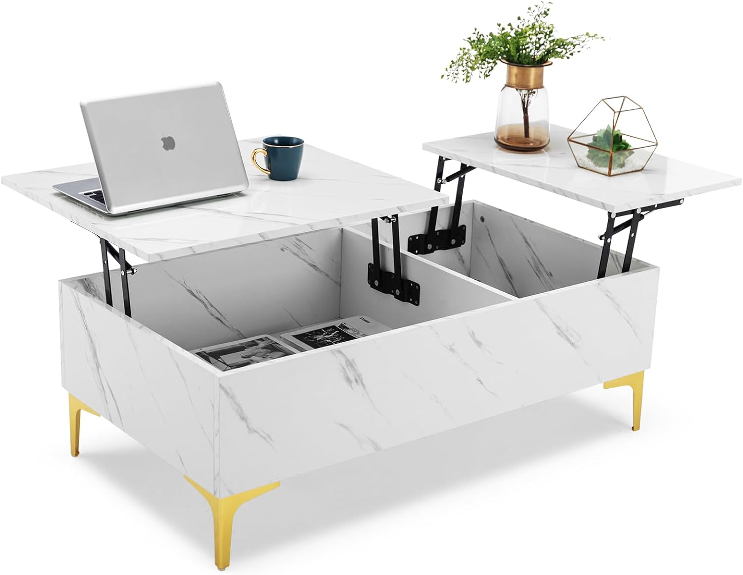 43" White Marble Lift Top Coffee Table for Living Room, Modern ...