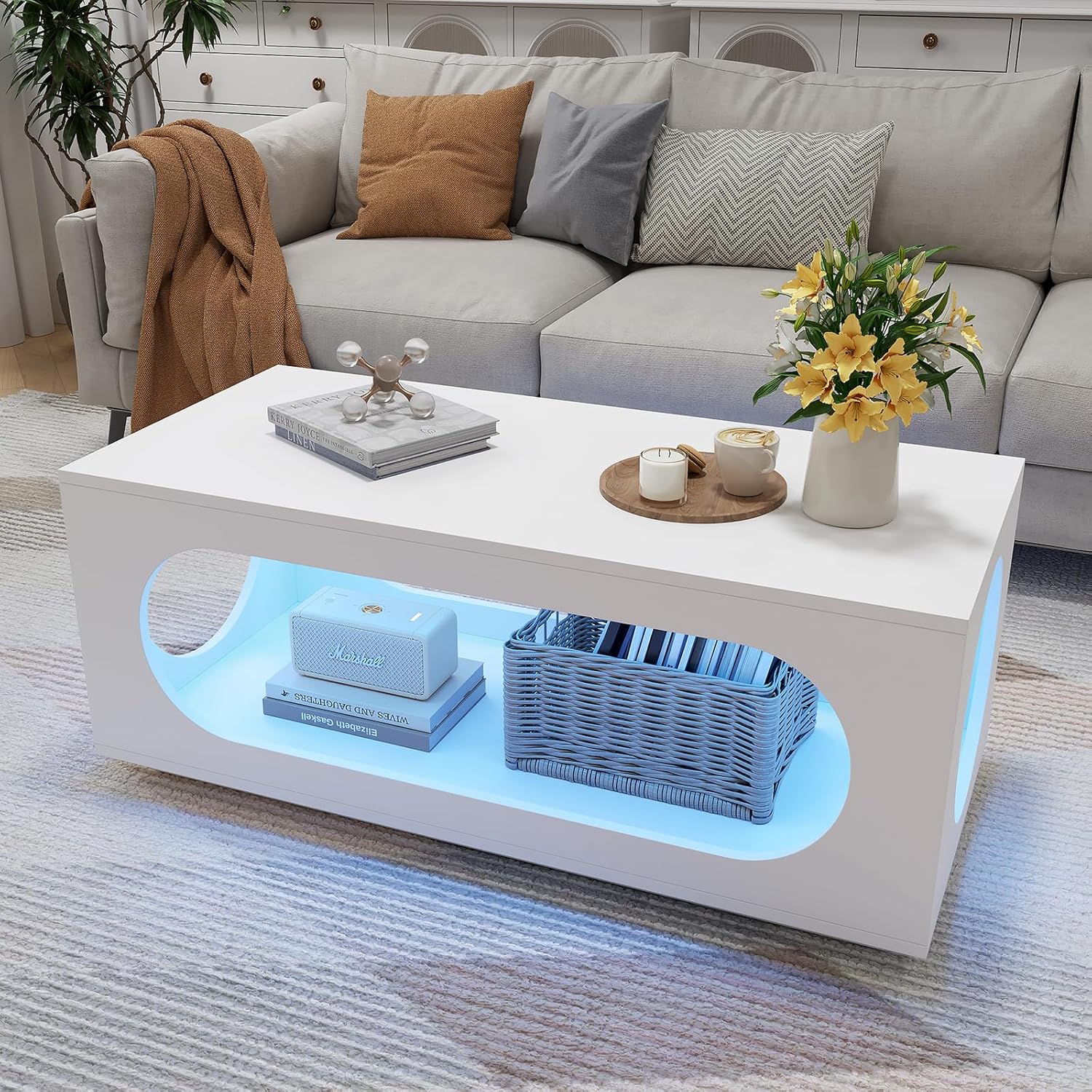 43" White Modern Led Coffee Table for Living Room, Living Room Table ...