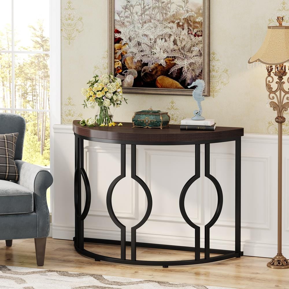 43 in. Brown Half-Moon Wood Console Table for Entryway, Industrial Semi ...