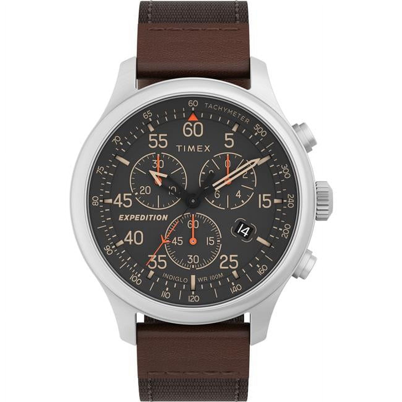 43 mm Mens Expedition Field Chrono Watch, Brown Strap with Black Dial ...