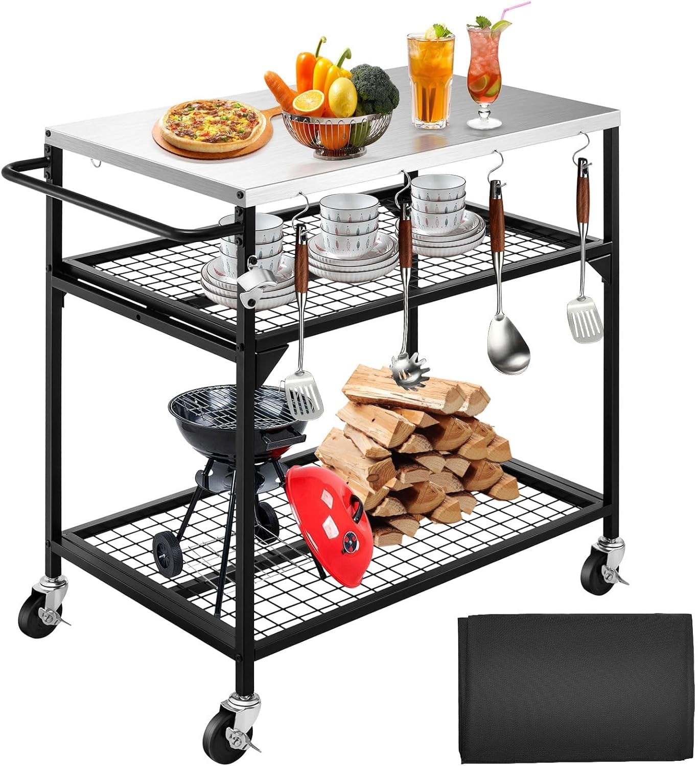 43" x 20" Outdoor Grill Cart with Side Table, 3-Shelf Outdoor Grill ...