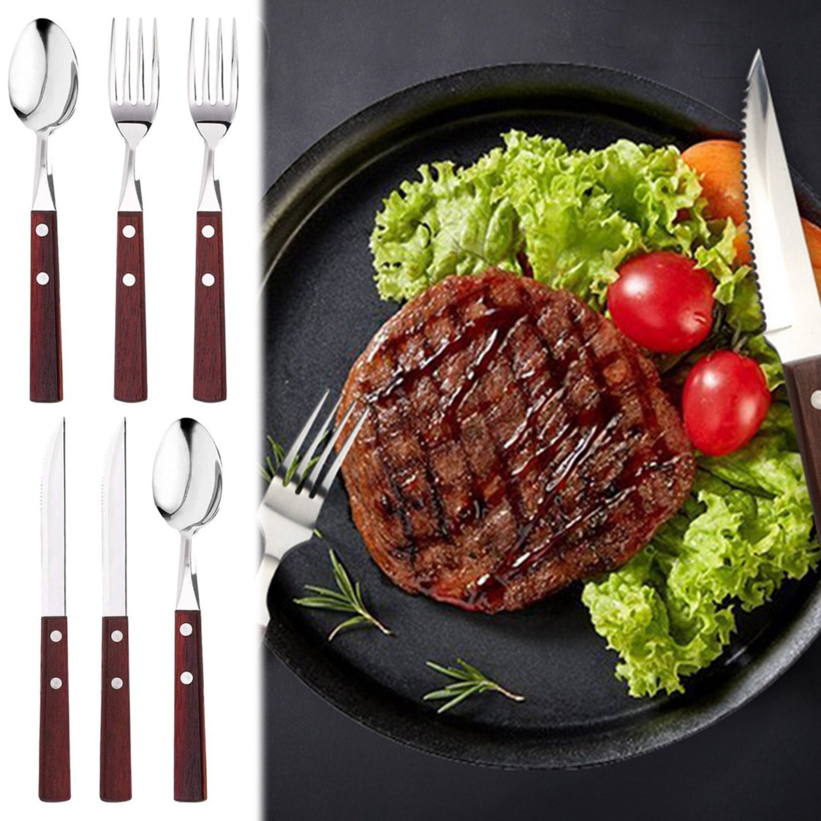 430 square-handled table knife 6 Pack Wooden Handle Stainless Cutlery ...