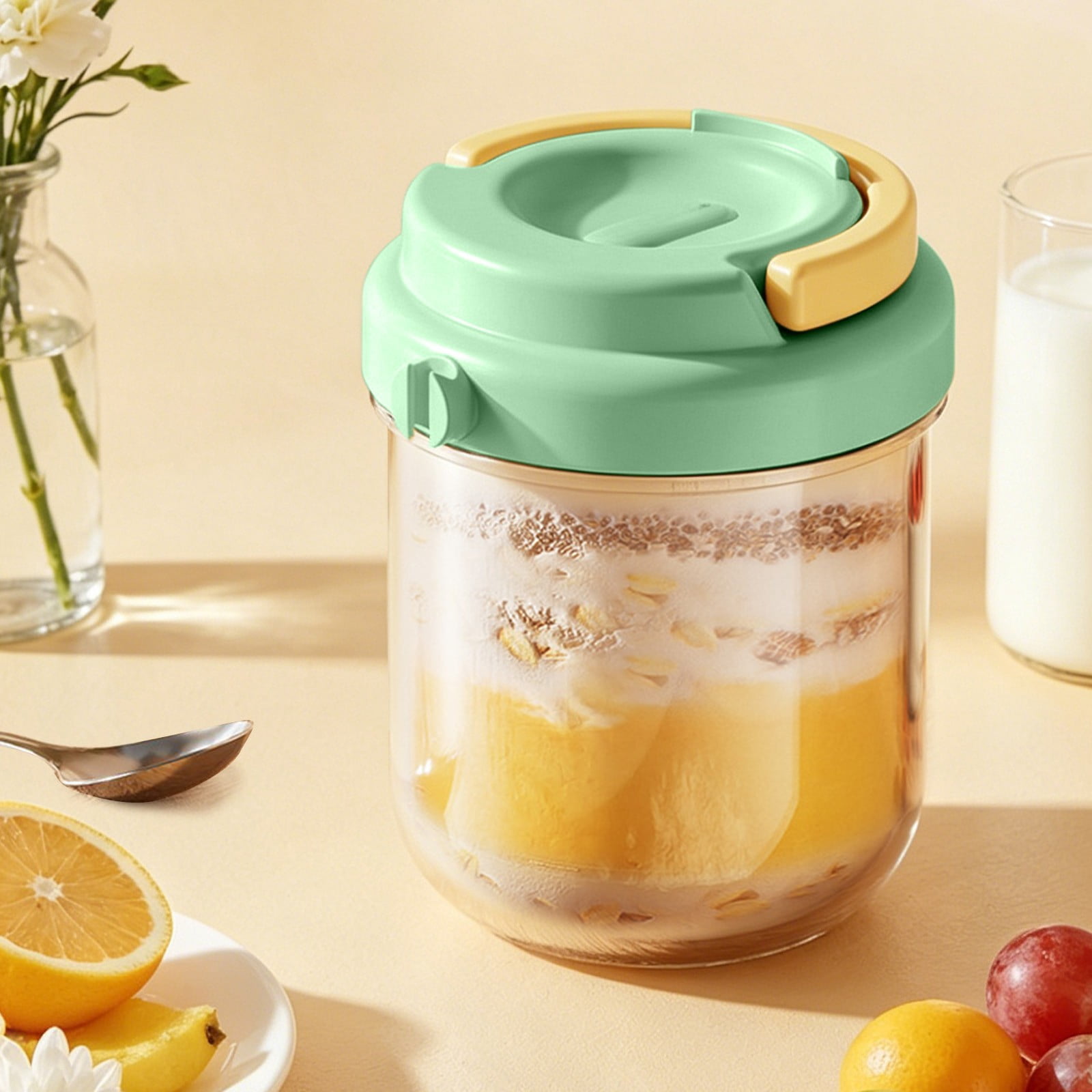 430ML Breakfast Cup with Phone Holder, Glass Overnight Oatmeal Cup with ...