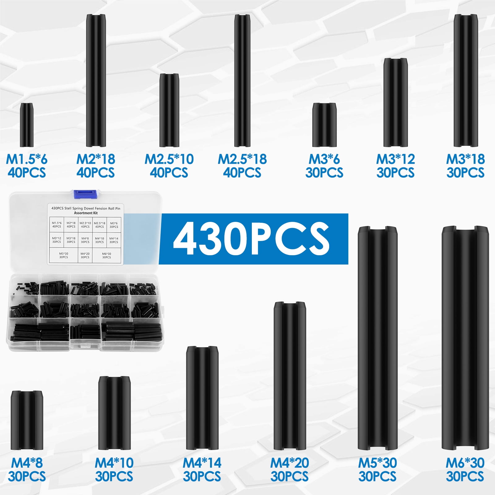 Roll Pin Assortment 400-Piece Set - Carbon Steel Slotted Spring Pins ...