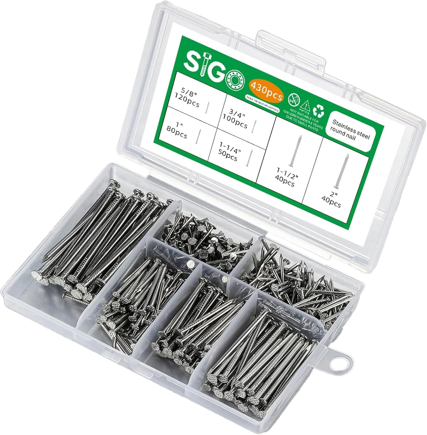 430pcs Stainless Steel 304 Nails Kit, 6 Sizes (5/8", 3/4", 1", 1-1/4 ...