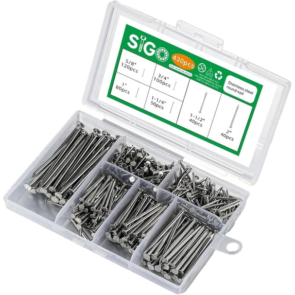 430pcs Stainless Steel 304 Nails Kit, 6 Sizes (5/8", 3/4", 1", 1-1/4 ...