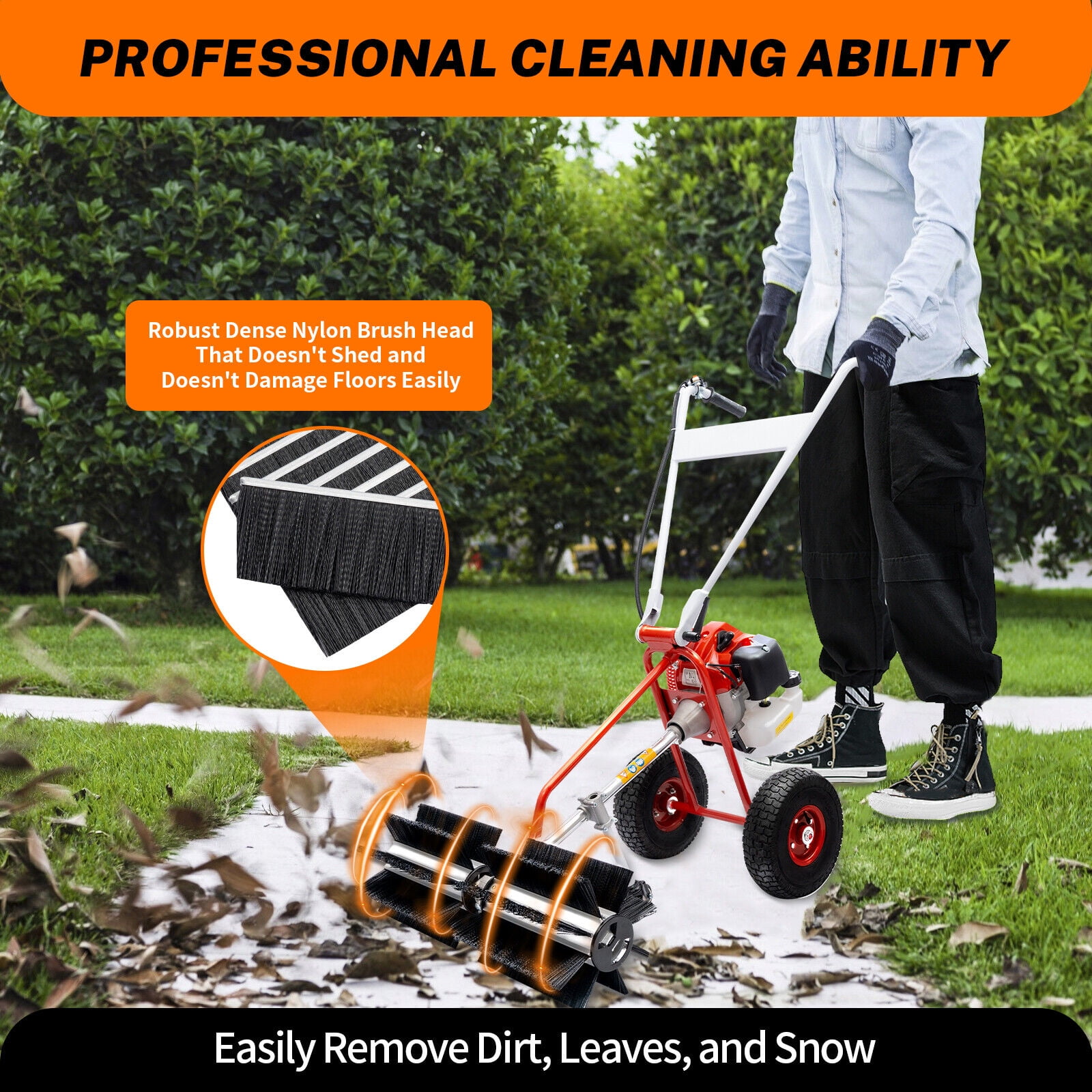 43CC 1.7HP Brush Broom Sweeper Gas Power Driveway Turf Grass Cleaning ...