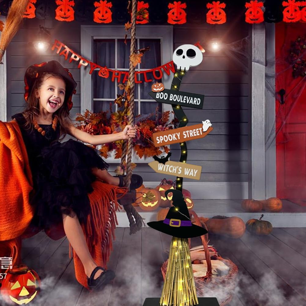 43IN Halloween Witch Broom Decor Lighted Halloween Wooden Witch’s Broom ...