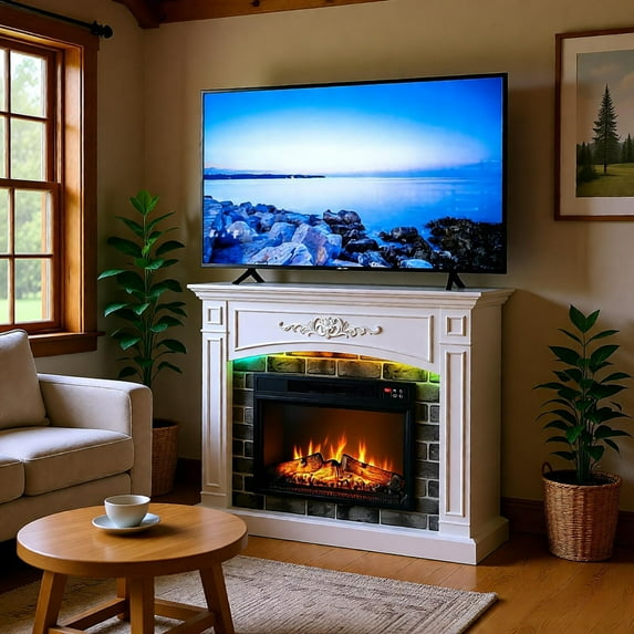 43In Shaker White Fireplace TV Stand Media Console with Built in RGB ...