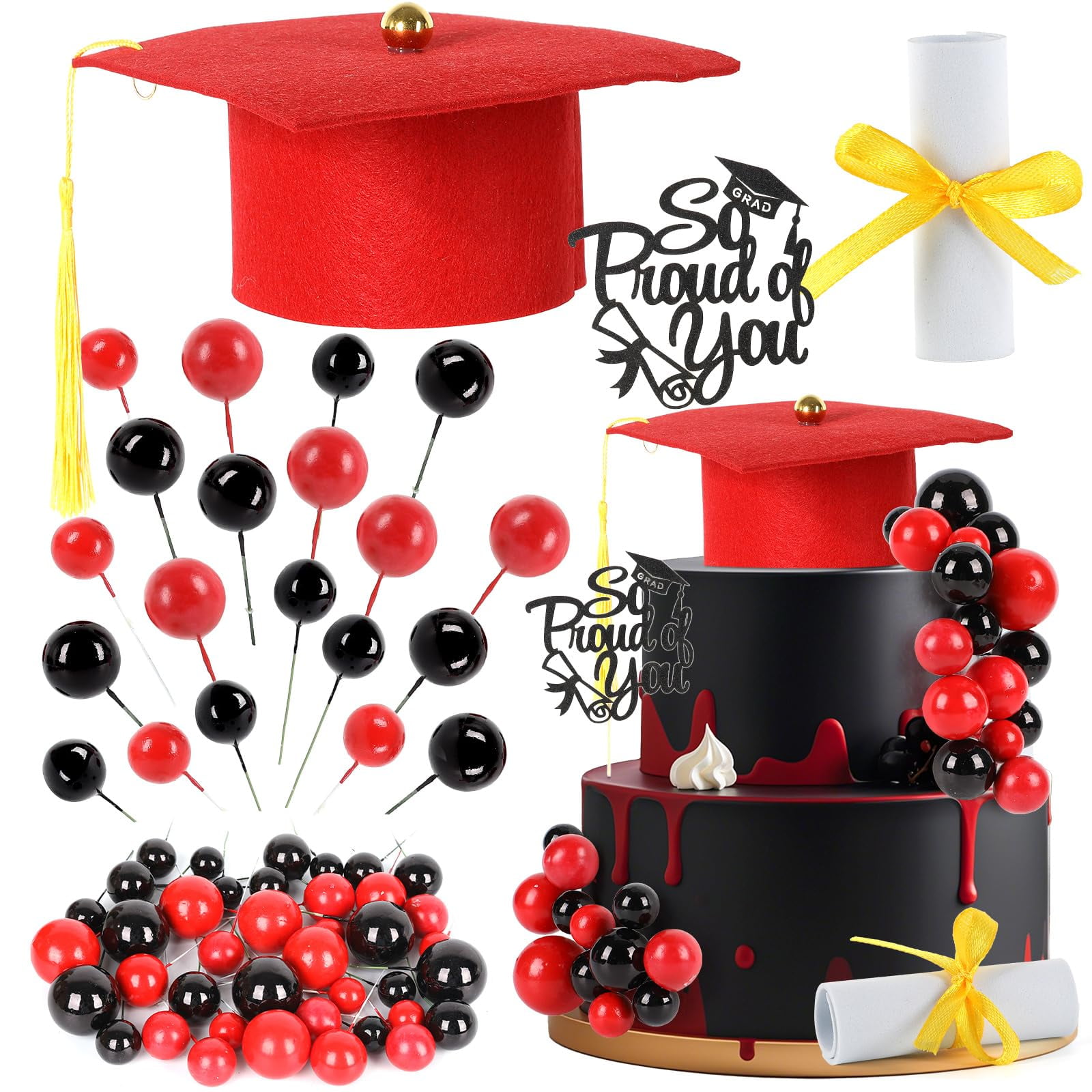 43Pcs Graduation Cake Kit Included Felt COC1Grad Cap Tassel Red Black ...