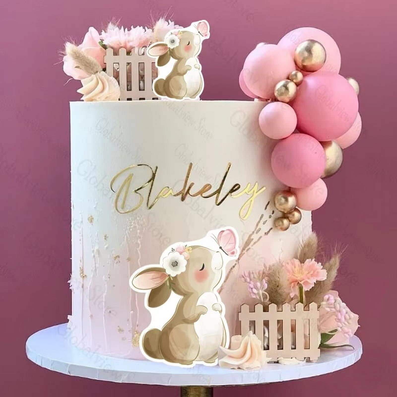 43Pcs Pink Bunny Cake Decorations Pink Gold Balls Cake Topper Rabbit ...