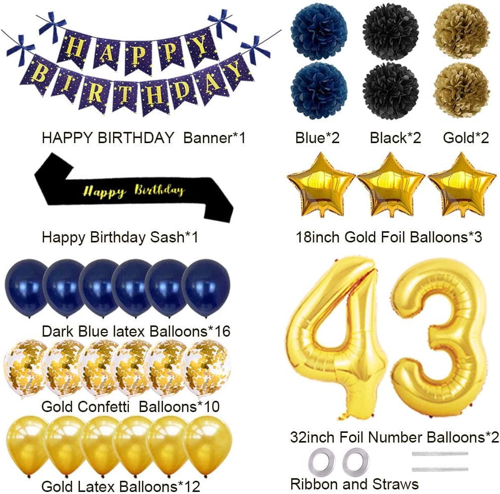 43Rd Birthday Party Decorations-Happy Birthday Banner Gold Number 43Rd ...