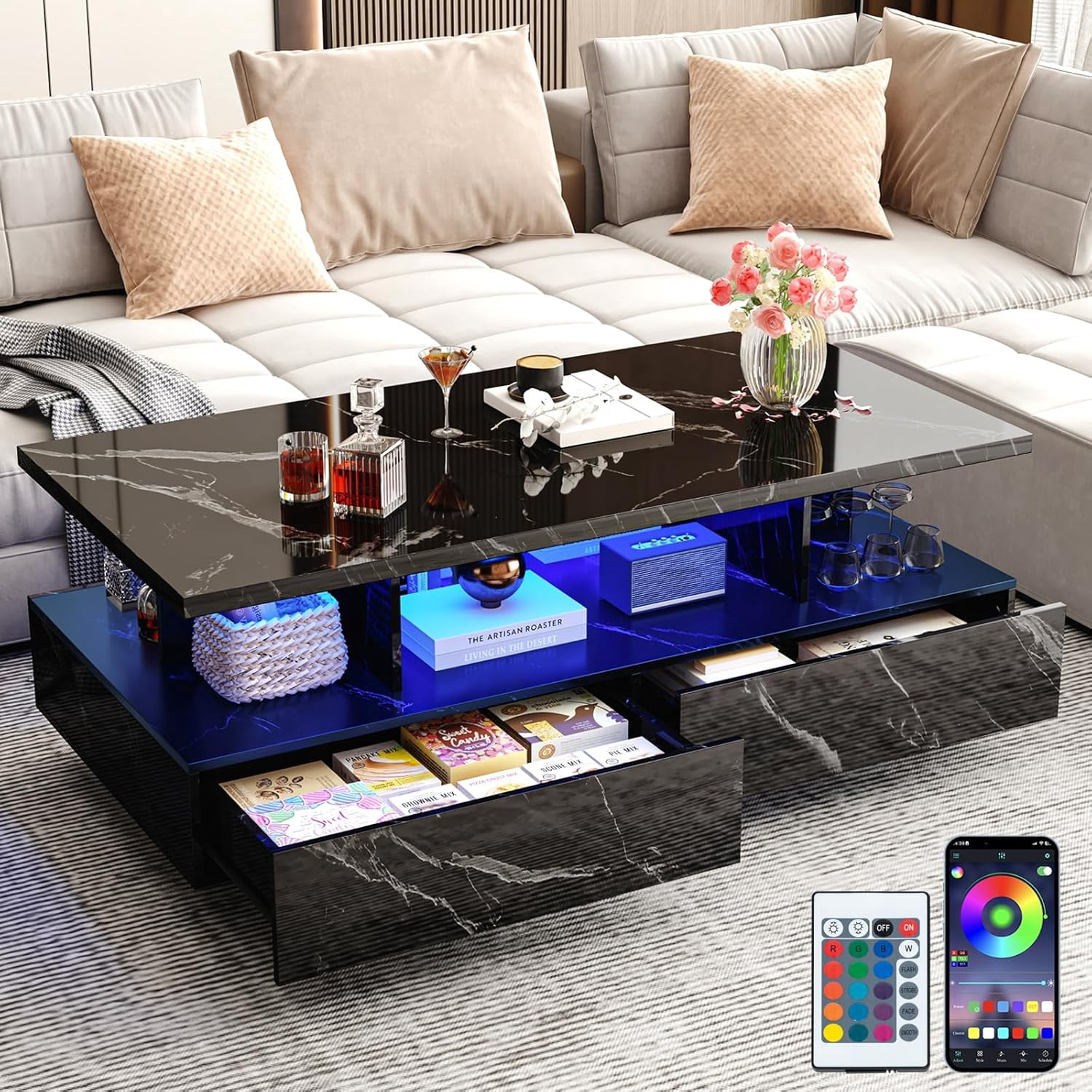 43in Large LED Coffee Table w/ 2 Big Storage Drawers,60,000-color ...