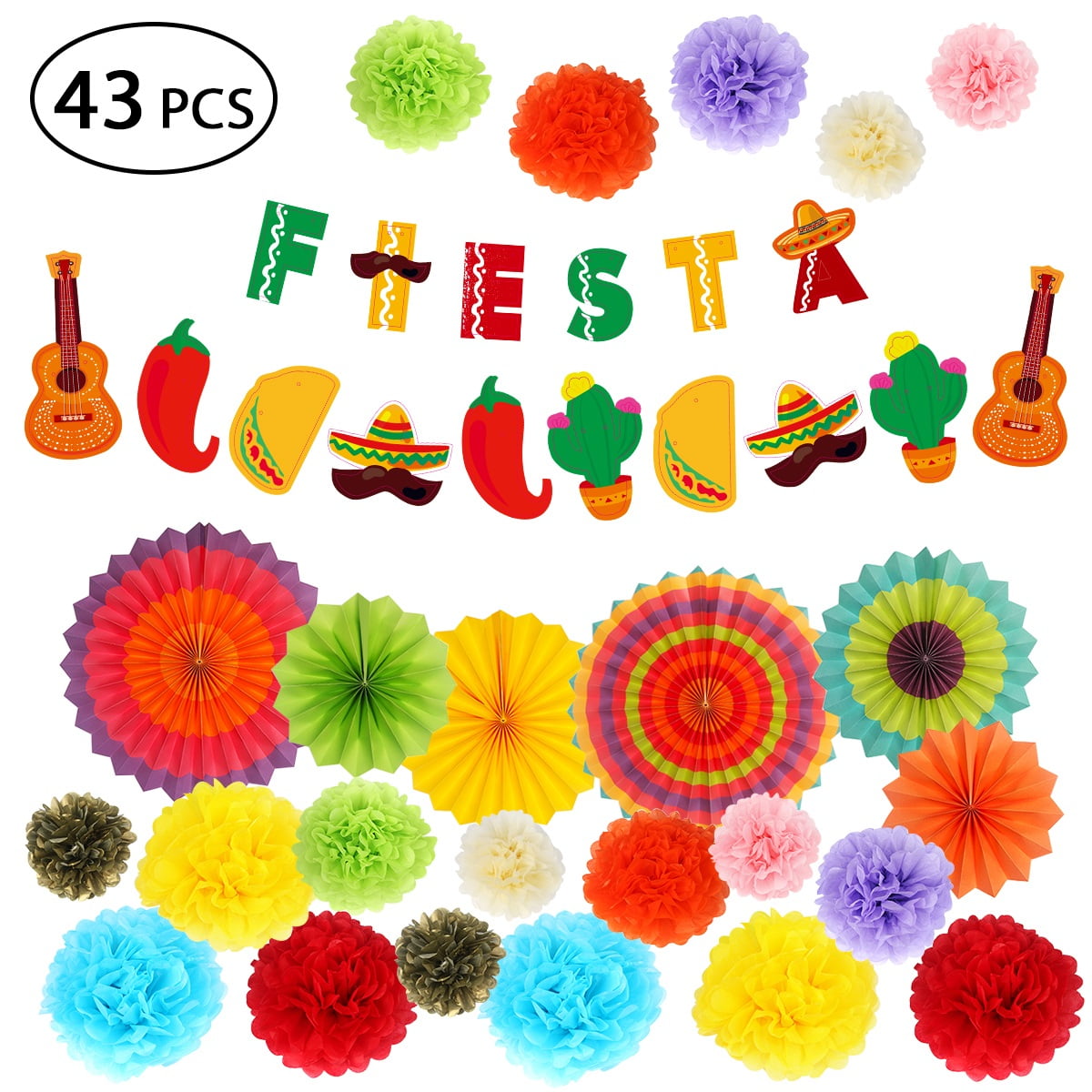 43pcs Cinco de Mayo Fiesta Supplies Paper Flowers, Hanging Paper Fans ...