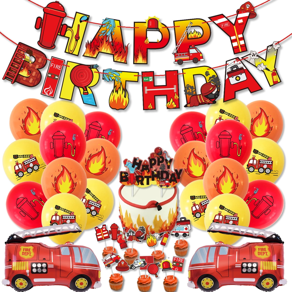 43pcs Red Yellow Balloons with Fire Truck Foil Balloons for Fireman ...