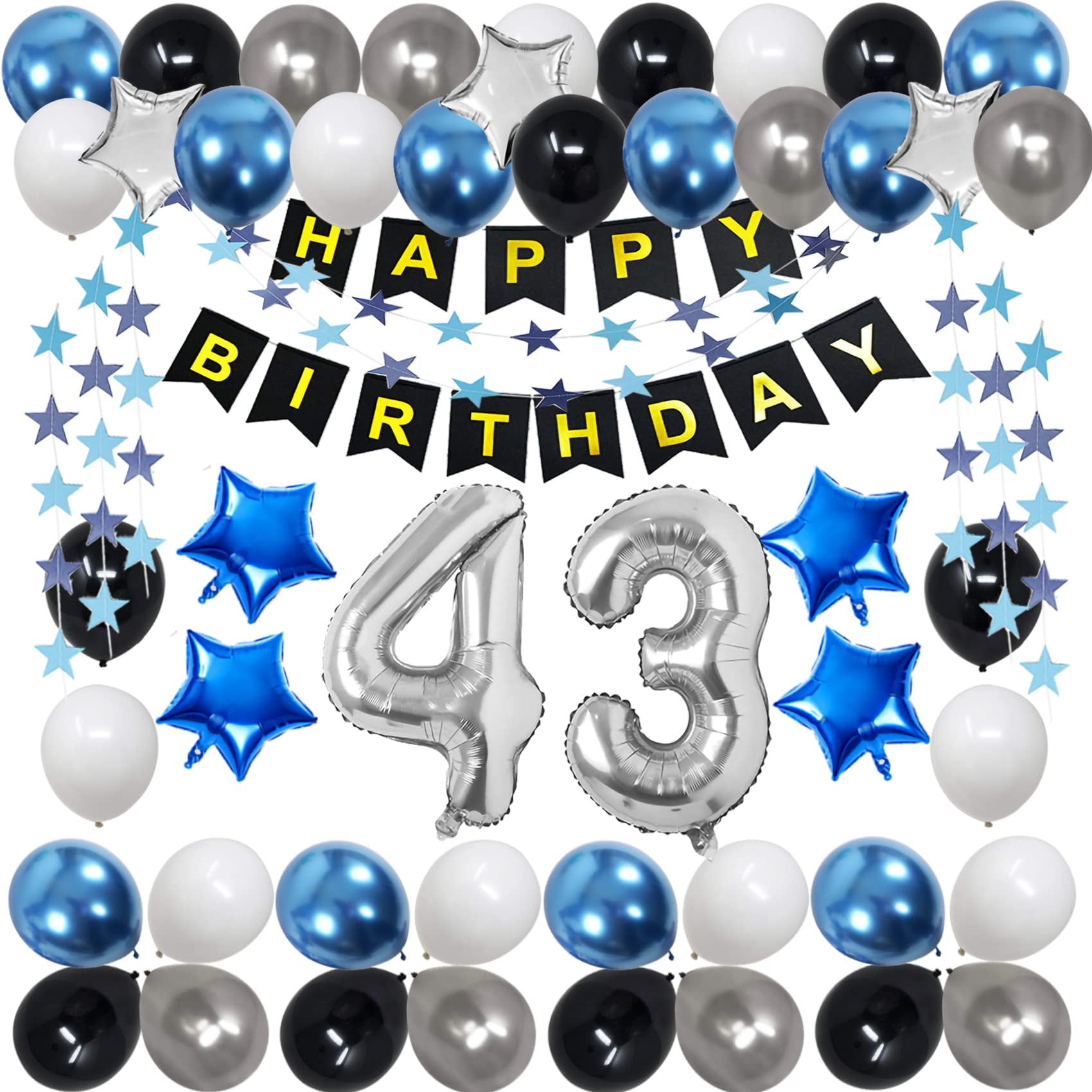 43rd Birthday Decorations for Men Women,Blue Black Happy 43 Birthday ...