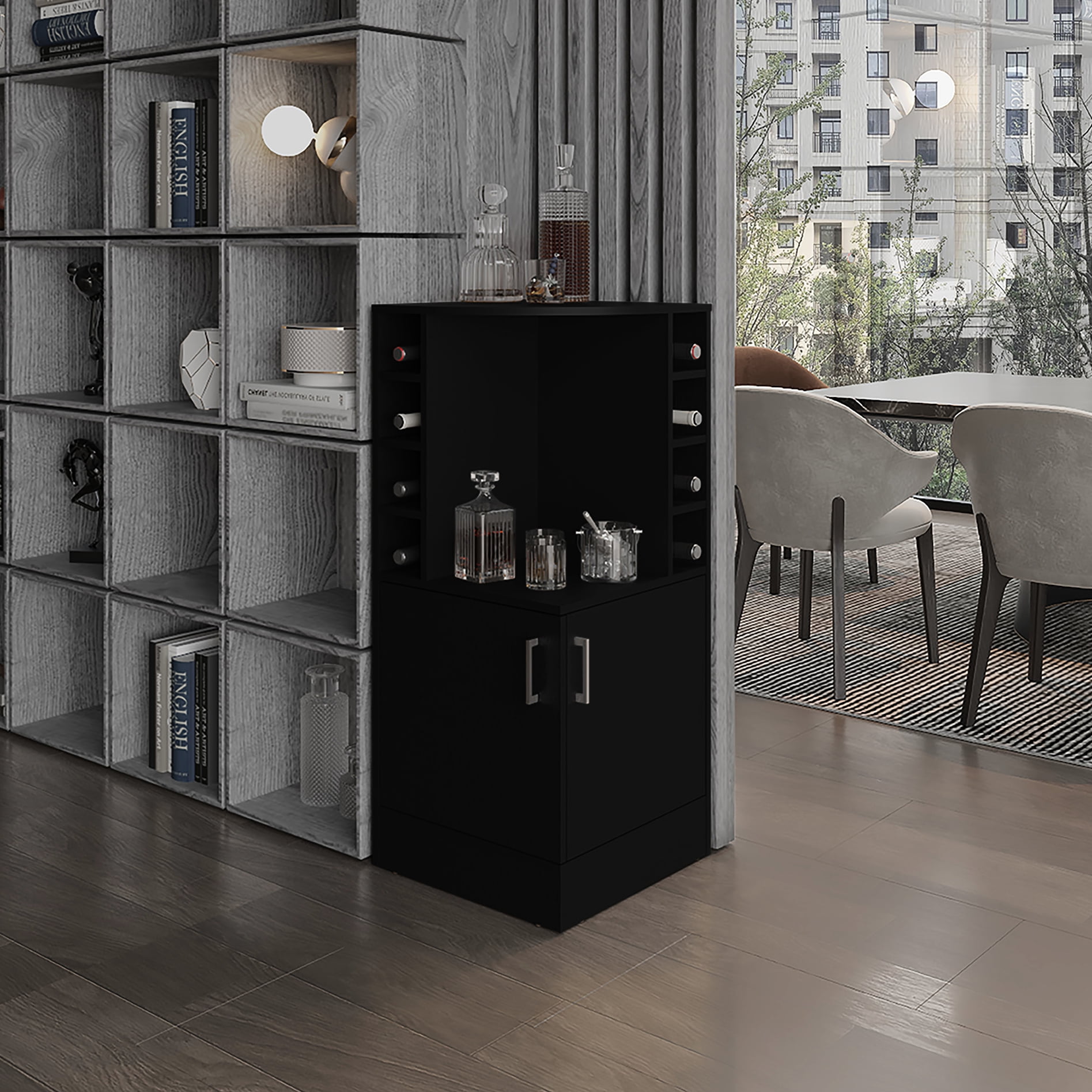 44.14 In. Tall Black Corner Bar Cabinet With 8 Liquor Bottles & Double ...