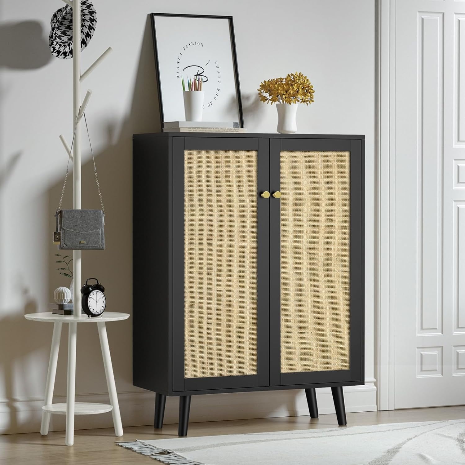 44" H Tall Wood Rattan Cabinet 2 Doors Sideboard Storage Cabinet ...