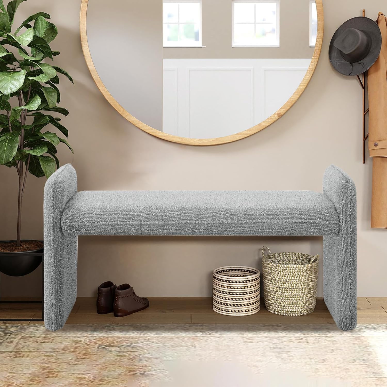 44.48" Bedroom Foot Bench, Entryway Ottoman Bench(Linen Fabric in Grey ...