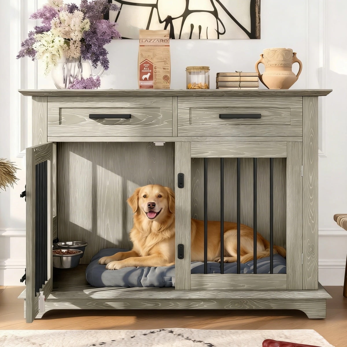 44.48" Large Wooden Dog Crate Furniture, Gray Indoor Kennel End Table ...