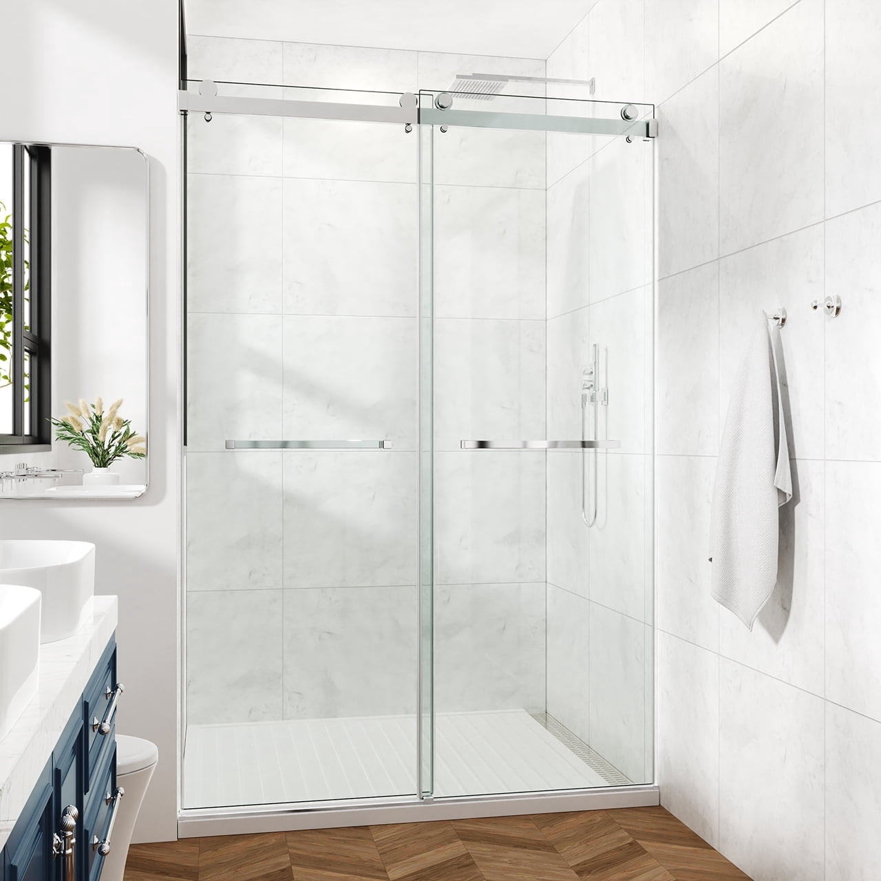 44-48" W x 66" H Frameless Double Sliding Shower Door with 3/8 ...