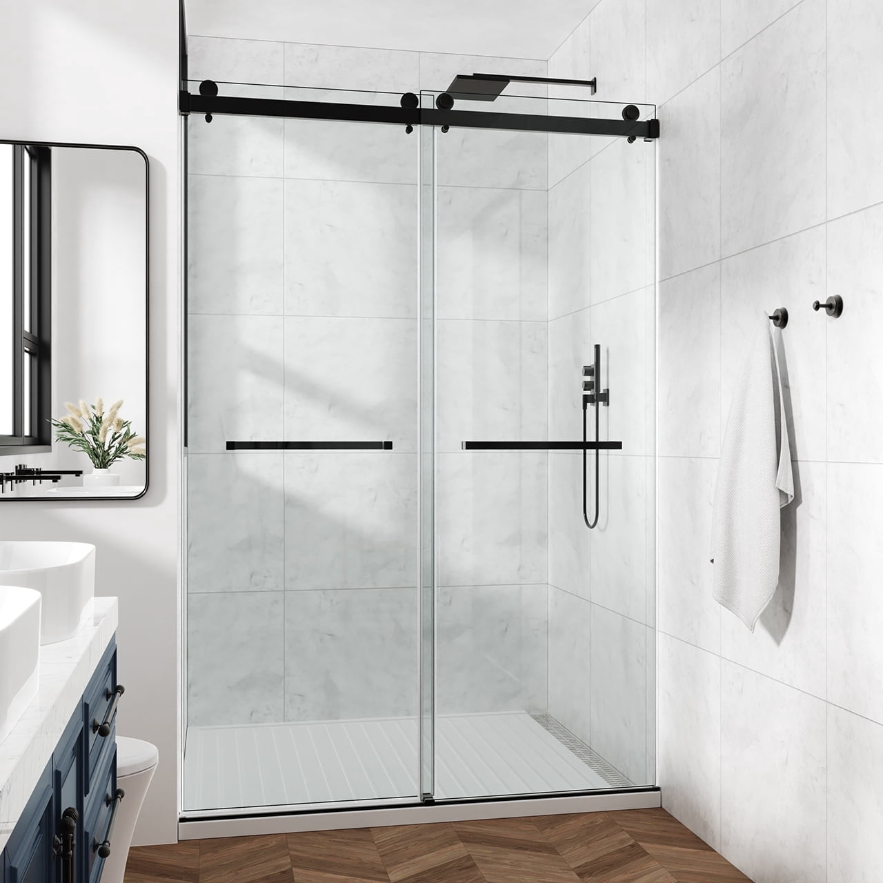 44-48" W x 66" H Frameless Double Sliding Shower Door with 3/8 ...