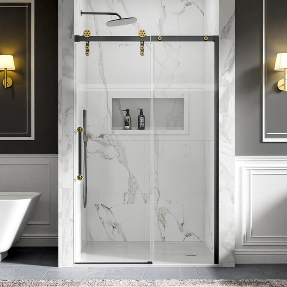 44-48" x 76" Frameless Shower Sliding Door Black Gold Easy Clean Fixed ...