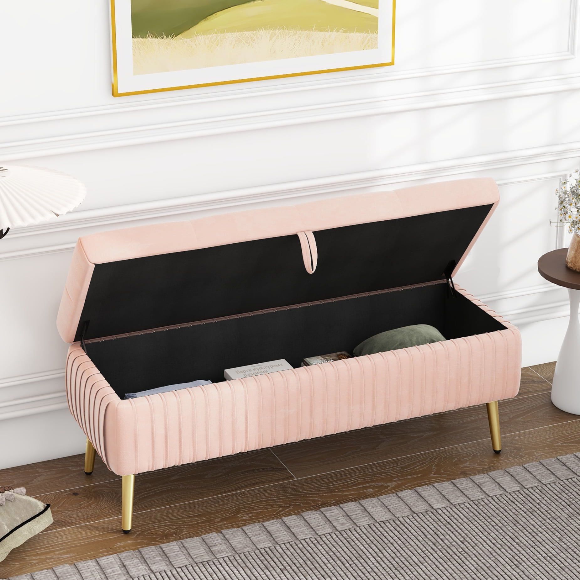 44 5 Button Tufted Ottoman With Safety Close Hinge Upholstered