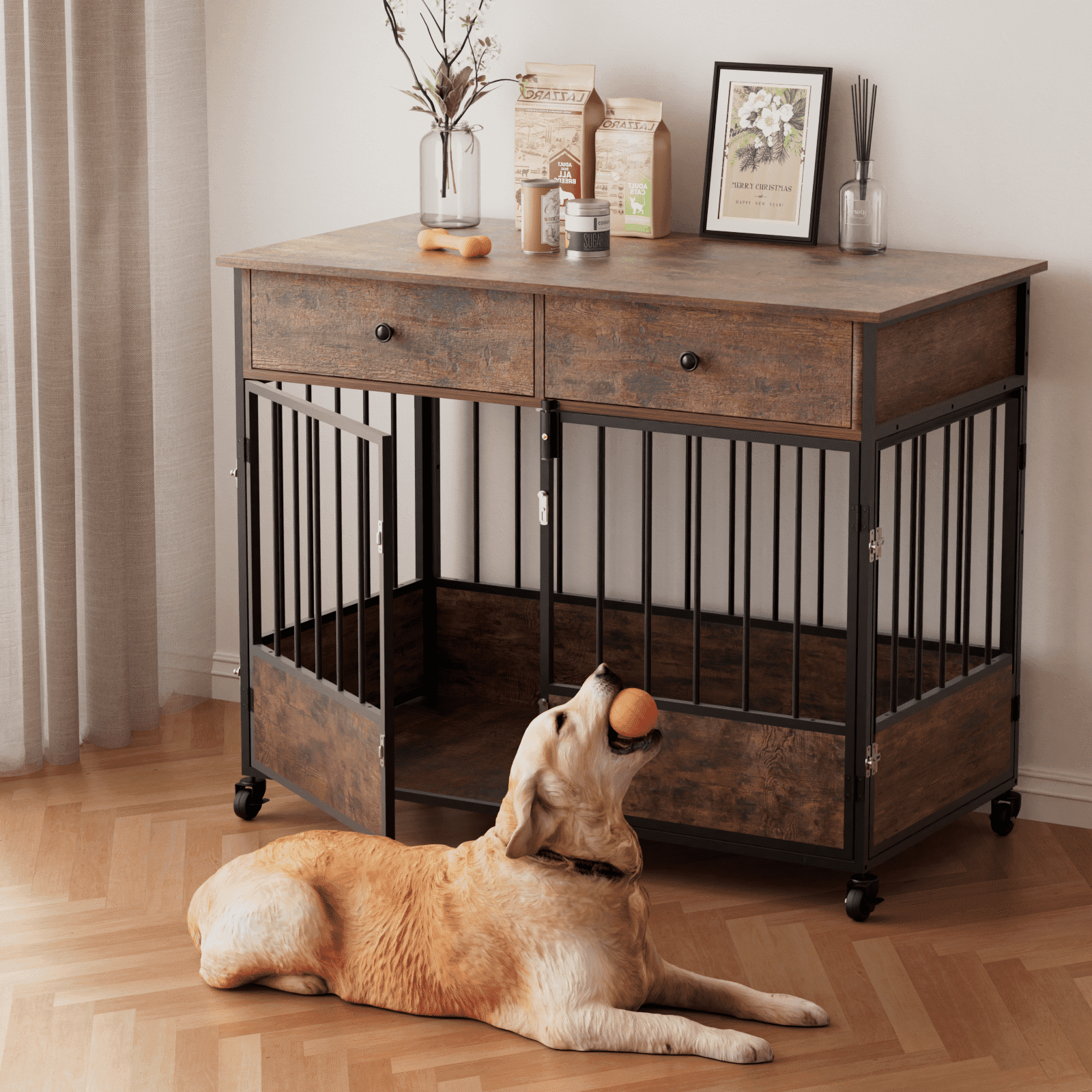 44.5" Dog Crate Furniture for Dogs with Storage Drawers, Indoor Dog ...