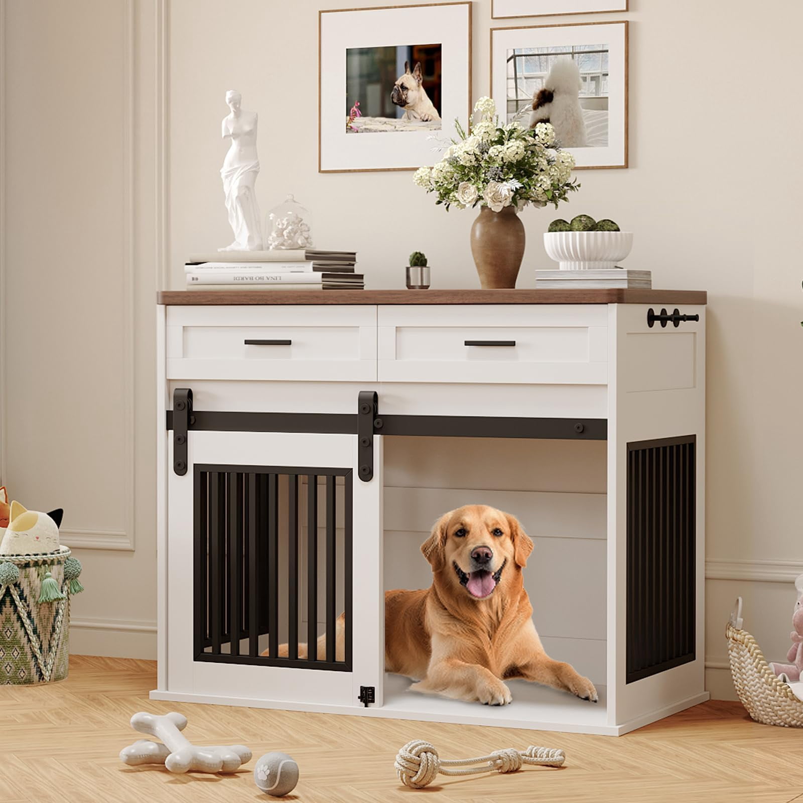 44.5'' Dog Crate Furniture,Farmhouse Dog Kennel with Hook & Storage ...