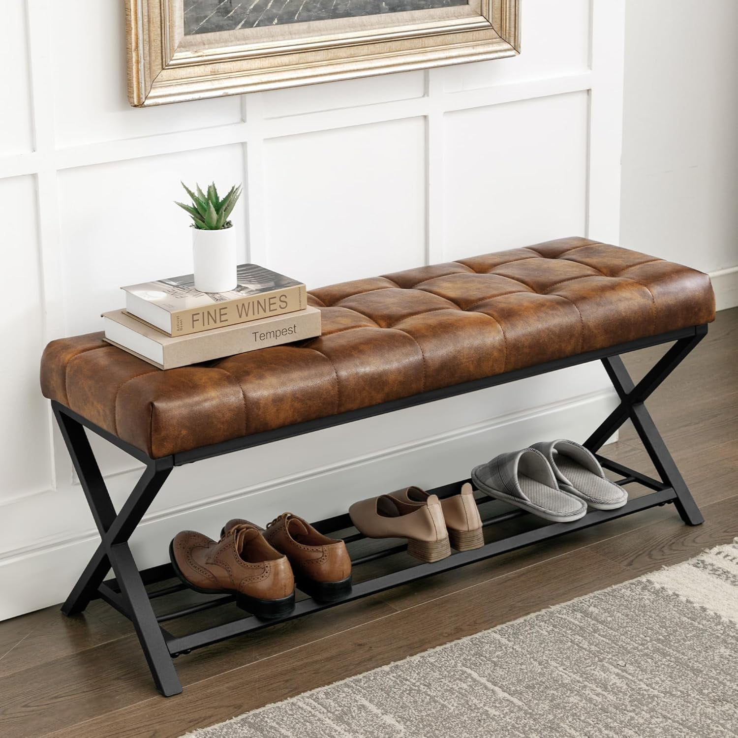 44.5” End of Bed Bench with Shelf, Linen Tufted Upholstered Storage ...