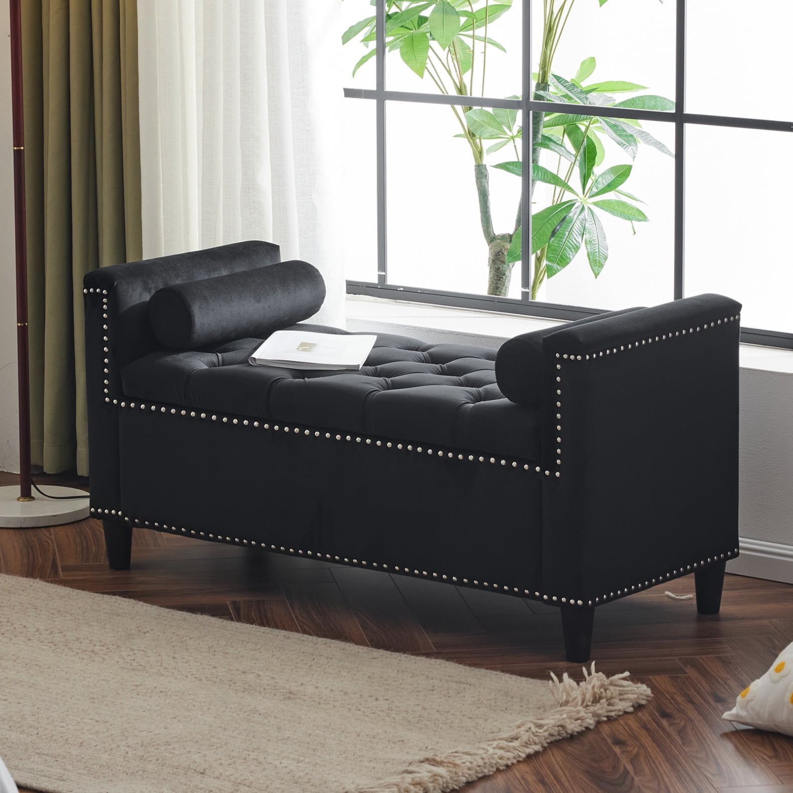 44.5'' Storage Ottoman Bench with Curved Arm, Velvet Button Bedside ...