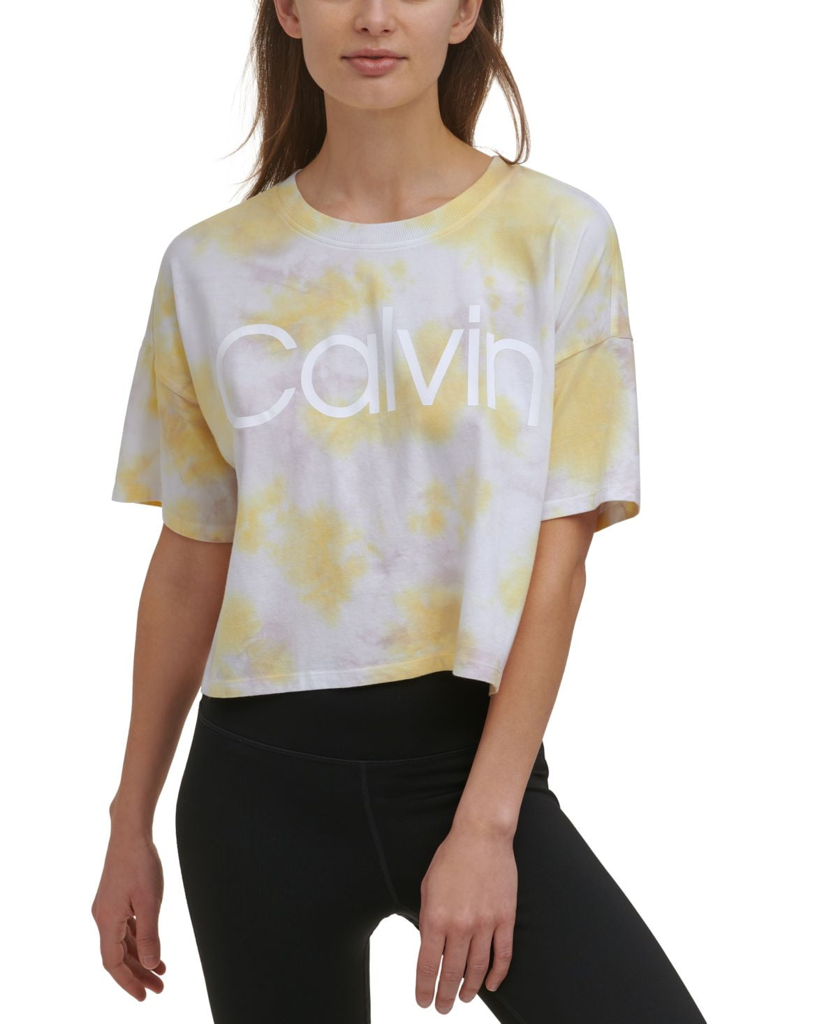 $44.50 Calvin Klein Women's Short Sleeve Tie Dye Cropped Top, Daffodil ...