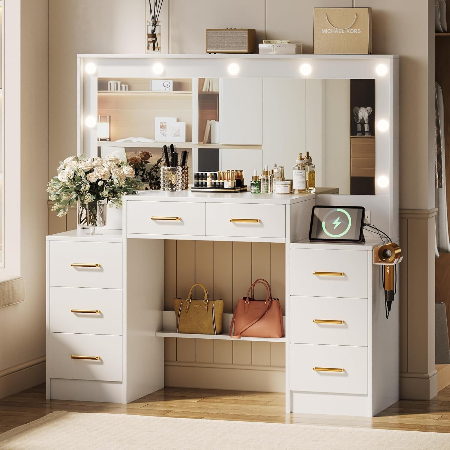 44.8" Large Vanity Desk with Lighted Mirror & Power Outlet, White ...