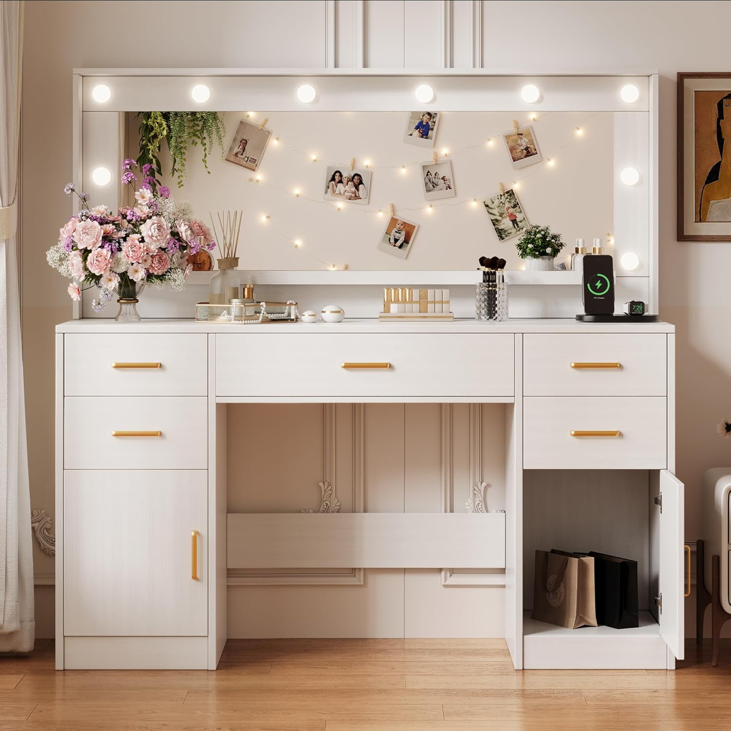 44.8" Large Vanity Desk with Lighted Mirror & Power Outlet, White ...