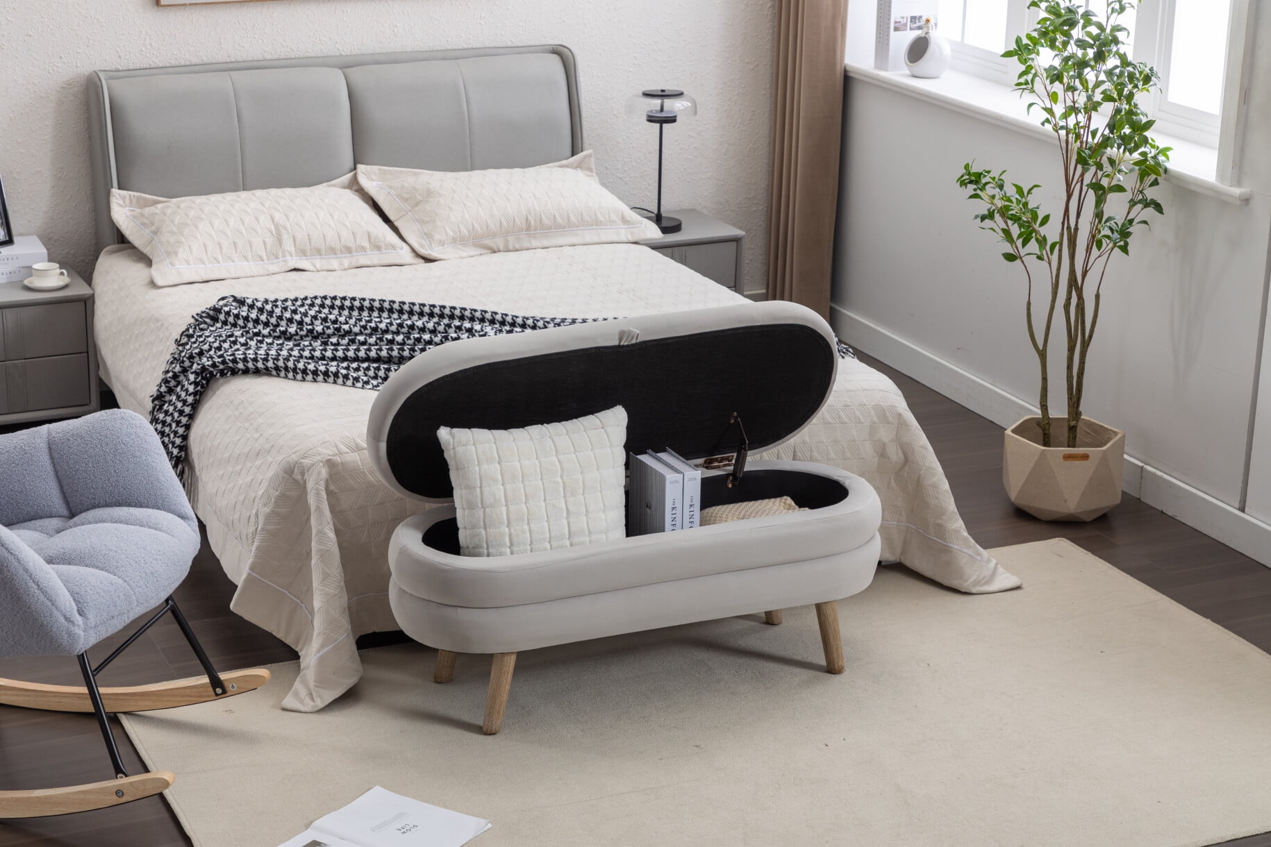 44.88" Oval Storage Ottoman Bench, Upholstered Entryway Bench with Wood ...