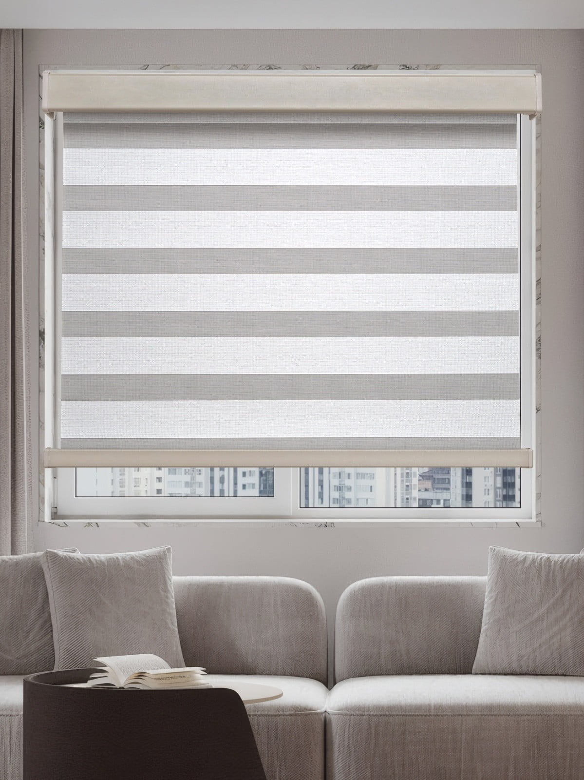 44" Beige Cordless Window Zebra blinds with Dual Layer Jacquard ...