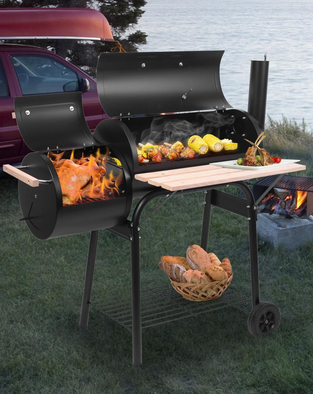 44" Charcoal Grill, Shinpt Smoker Grill with 2 Cooking Area for Camping ...