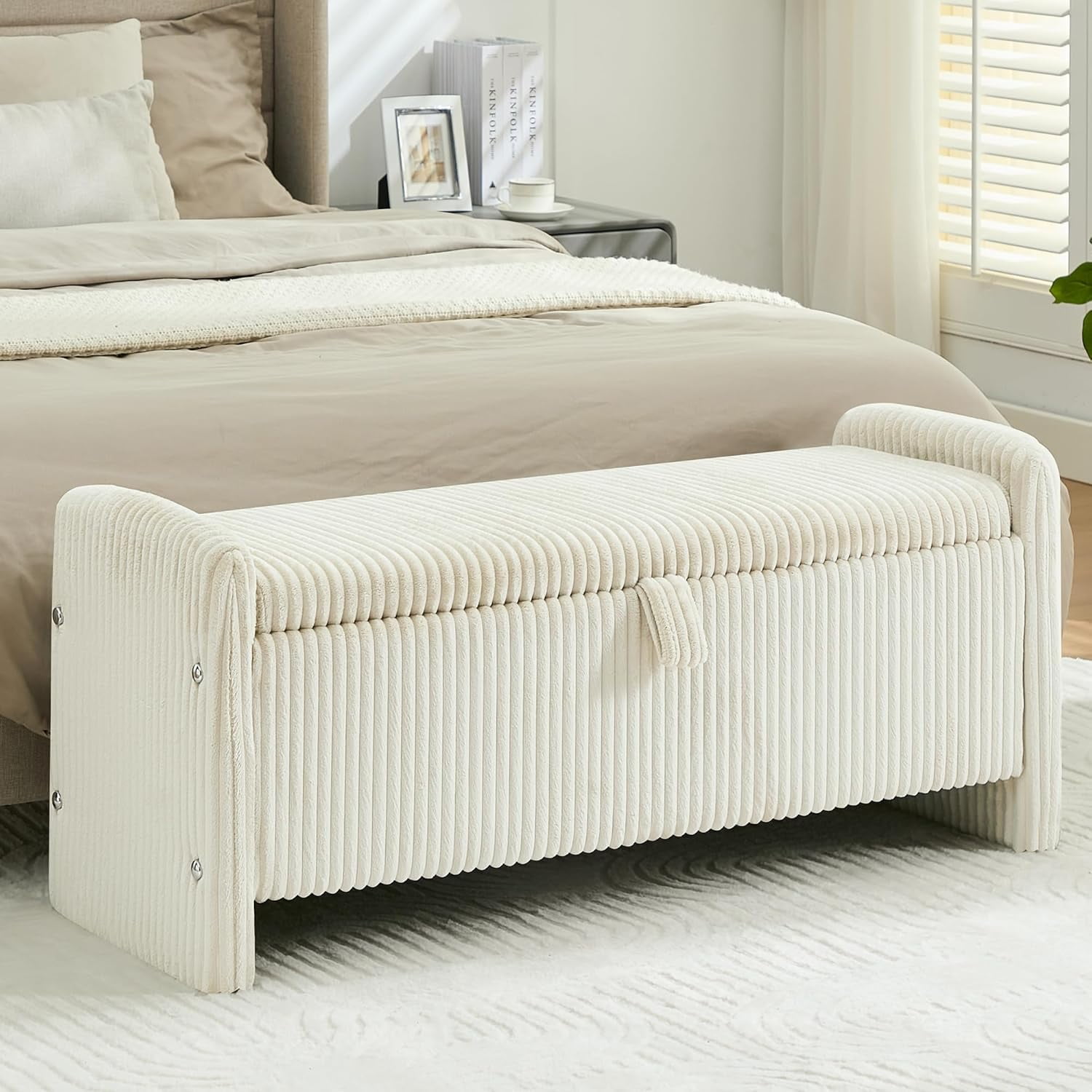 44'' Corduroy Storage Ottoman Bench, Upholstered End of Bed Storage Bench with Safety Hinge ...