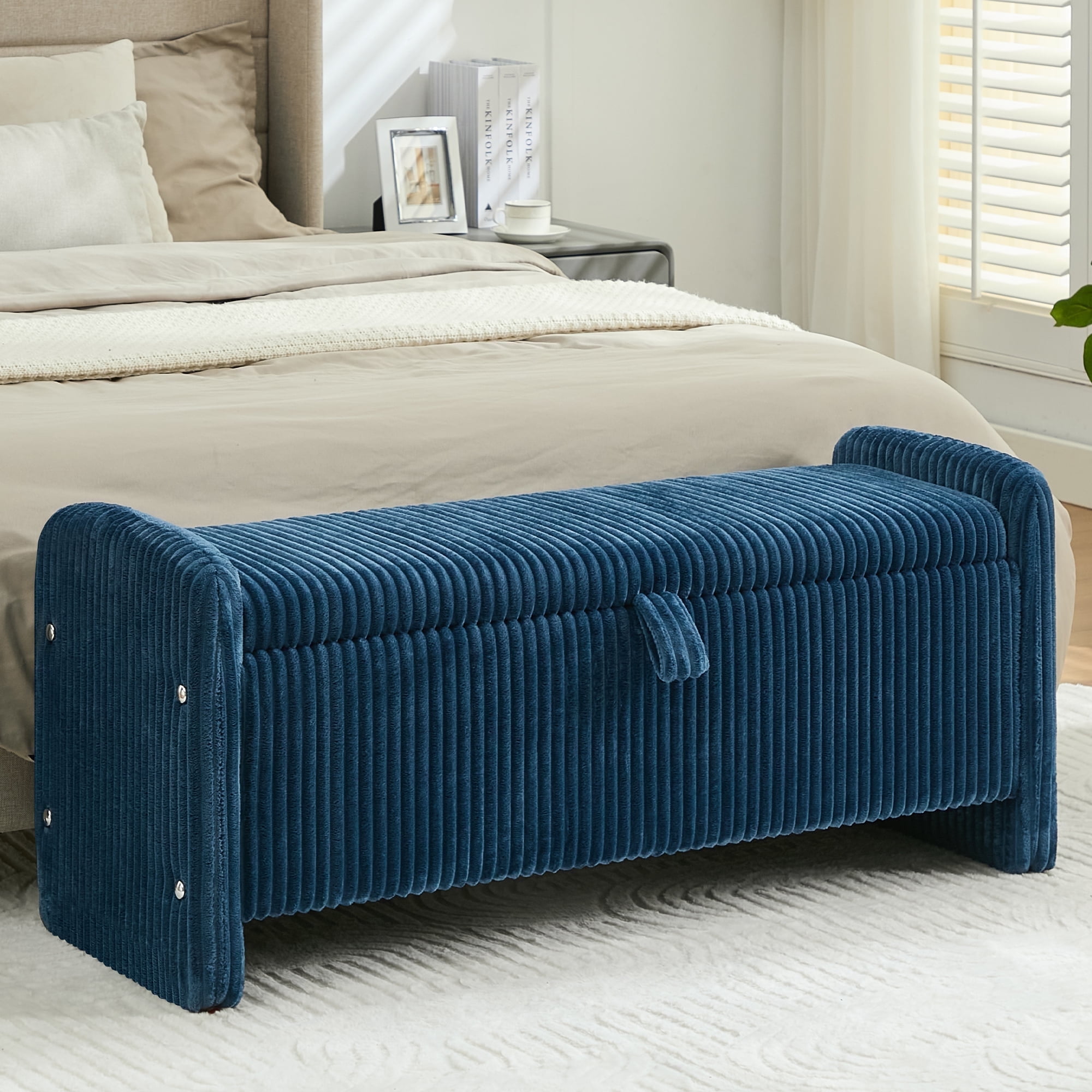 44'' Corduroy Storage Ottoman Bench, Upholstered End of Bed Storage Bench with Safety Hinge ...