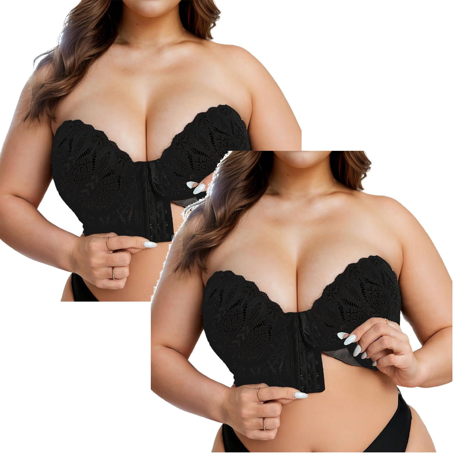 44 DD Plus Size Strapless Bra Push Up Underwire with Lace & Clear Straps, Full Coverage Backless ...