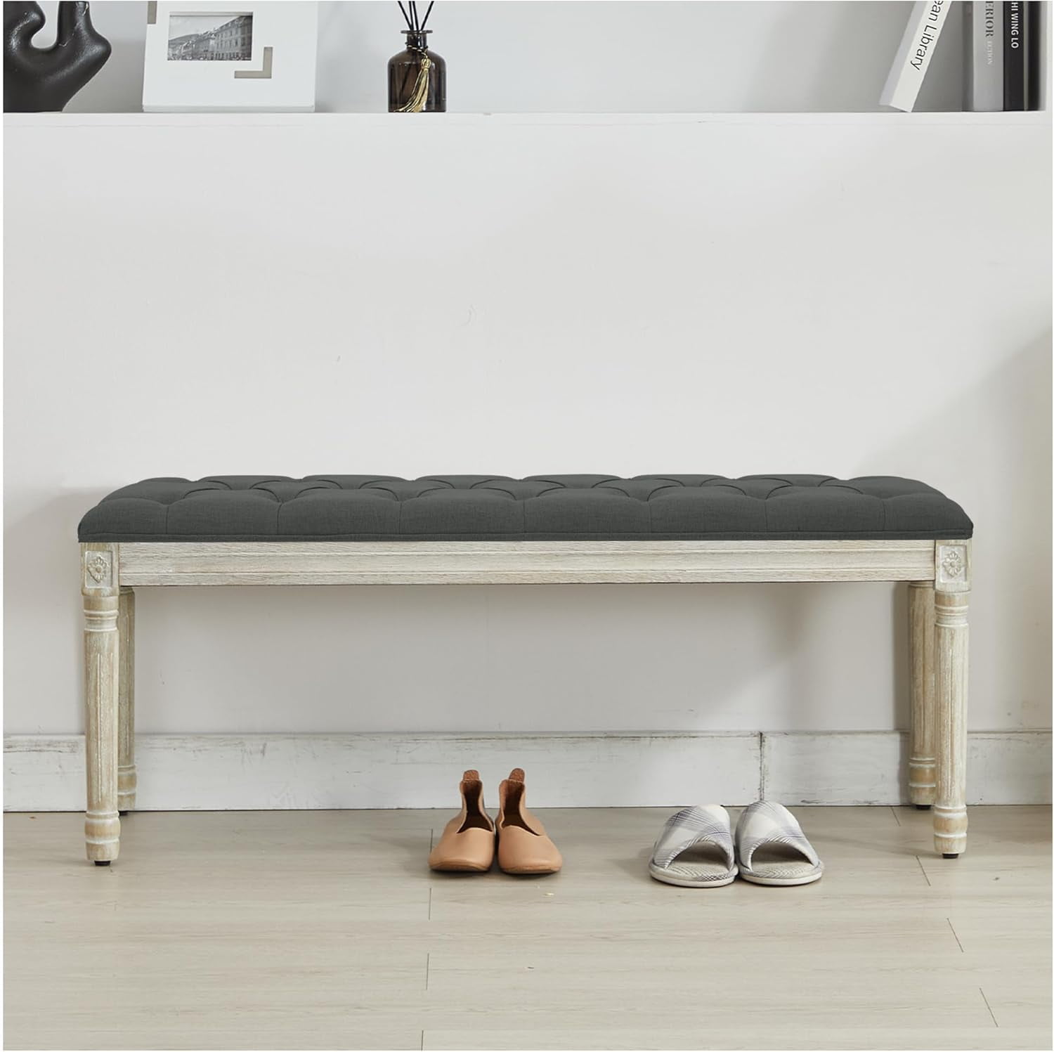 44‘’ Entryway Bench, Upholstered Button End of Bed Bench, Vintage Bench ...