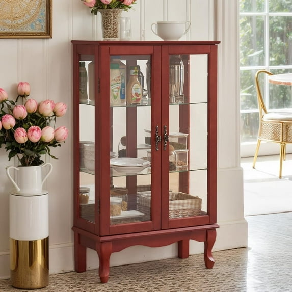 44" H Lighted Glass Display Cabinet with Glass Doors, Wooden Curio ...