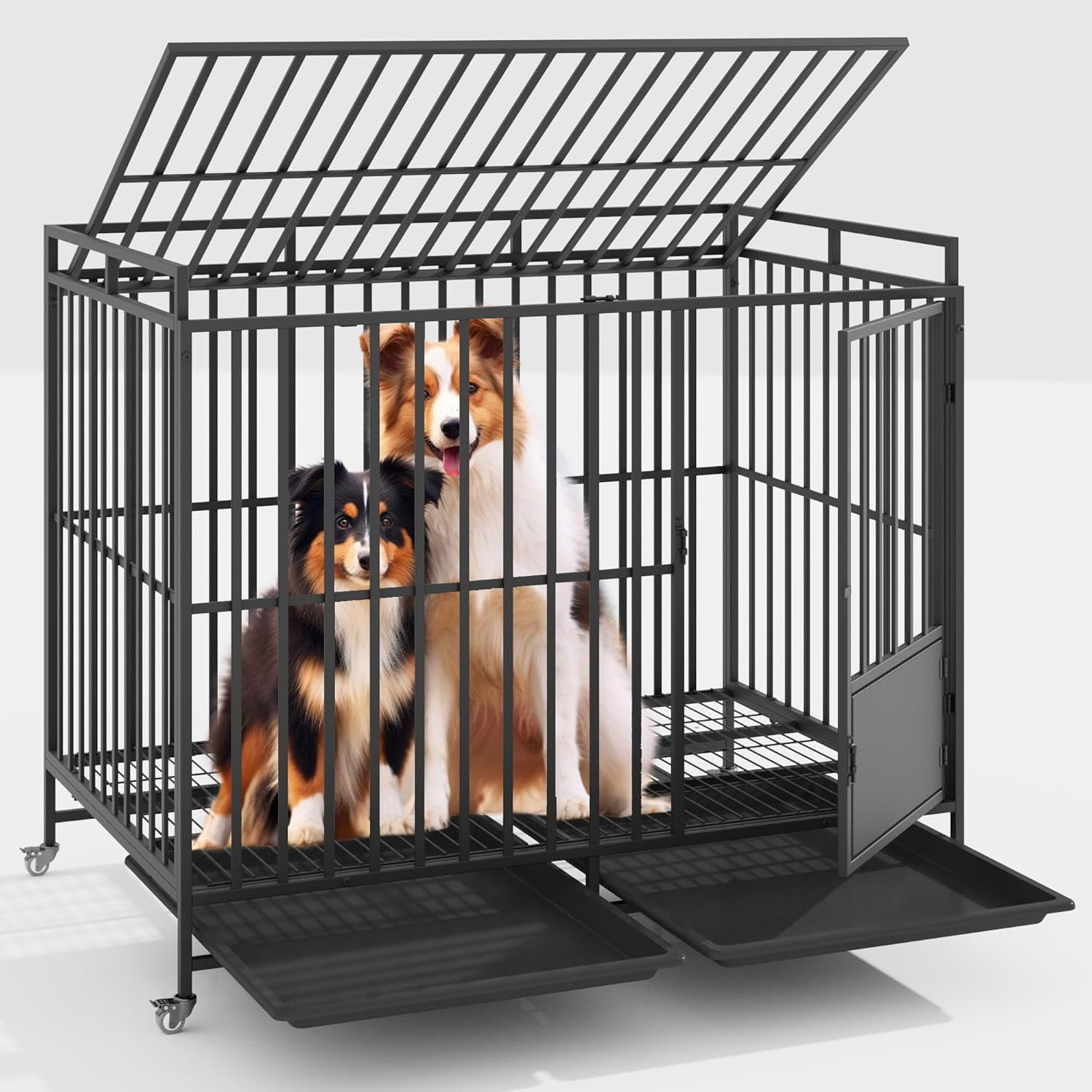 44" Heavy Duty Dog Crate, Escape Proof Dog Crate with Lockable Wheels ...
