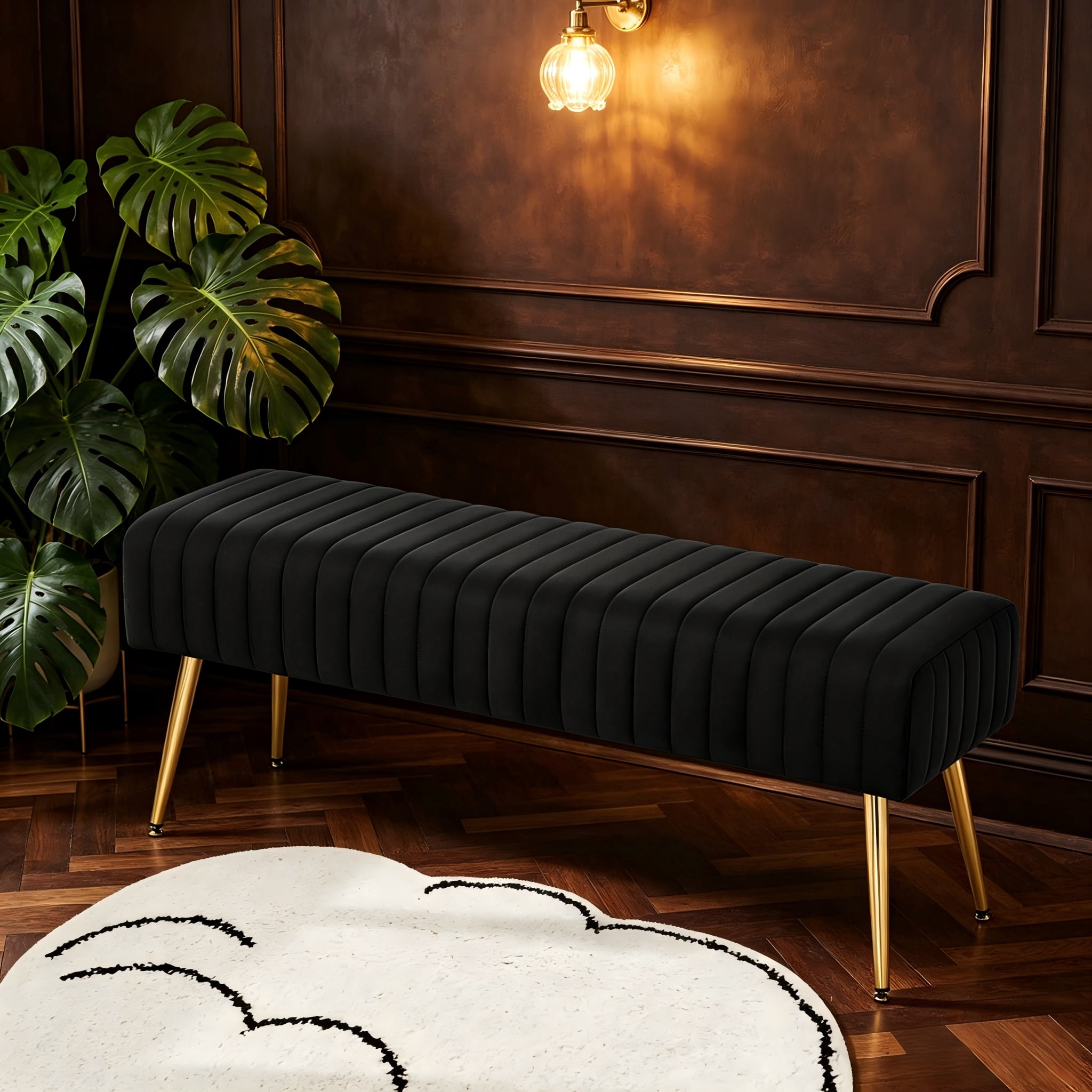 44 Inch Bedroom Ottoman Bench, Black Upholstered End of Bed Bench with ...