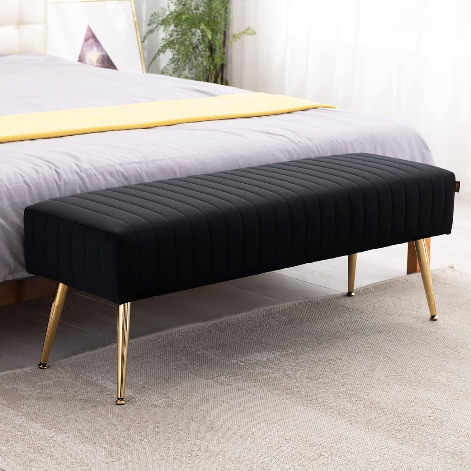 44 Inch Black Bedroom Bench Velvet Ottoman Bench, Upholstered End of ...