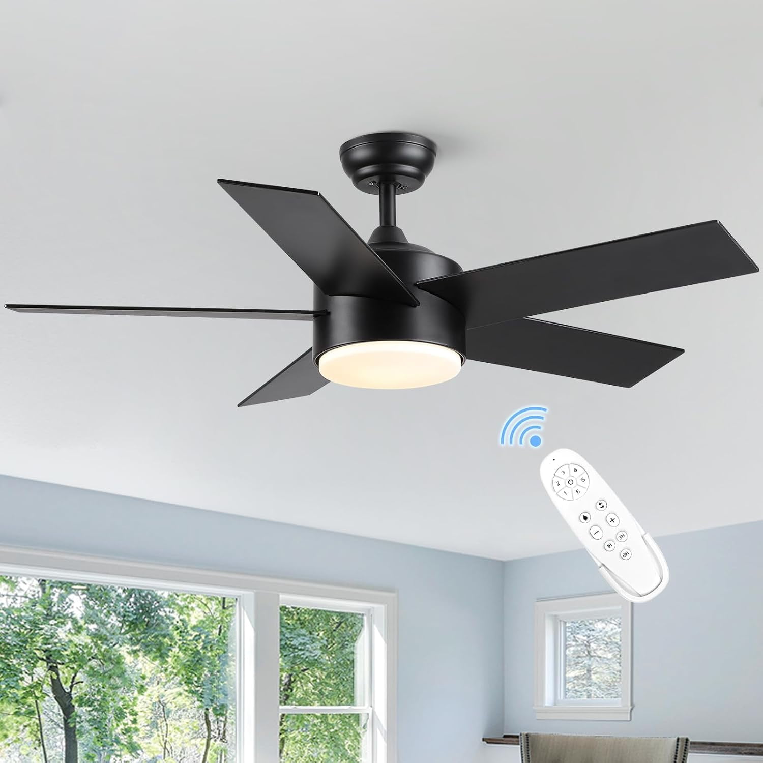 44 Inch Black Ceiling Fan with Light and Remote Control, LED Ceiling ...